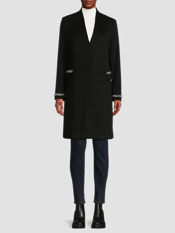 MILLY Collarless Jewel Trim Maxi Coat