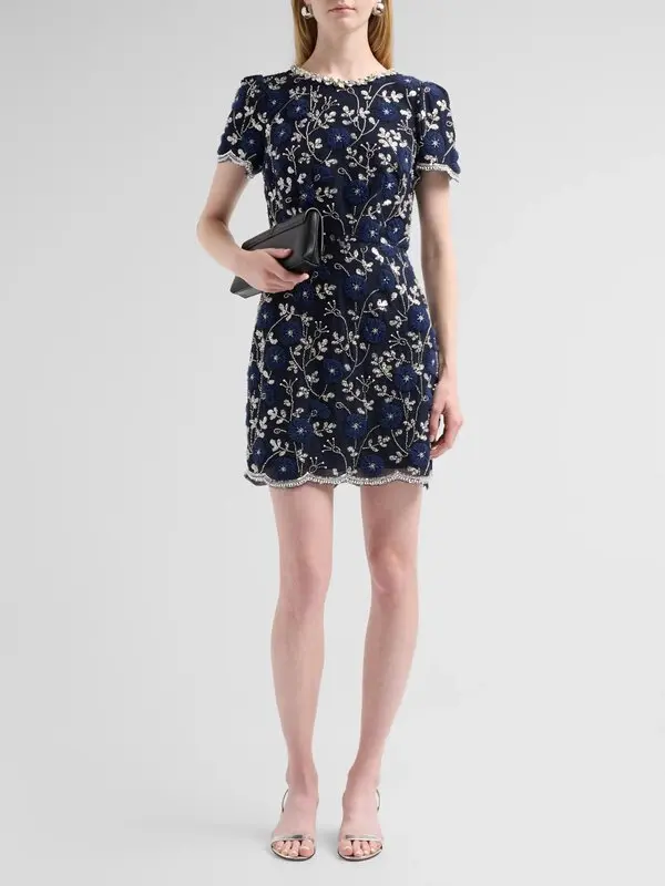 MILLY Daisy Sequined Floral Minidress - Navy Silver