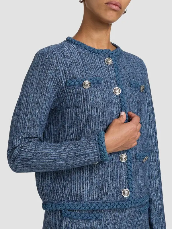 MILLY Shayne Pinstriped Knit Crewneck Cardigan