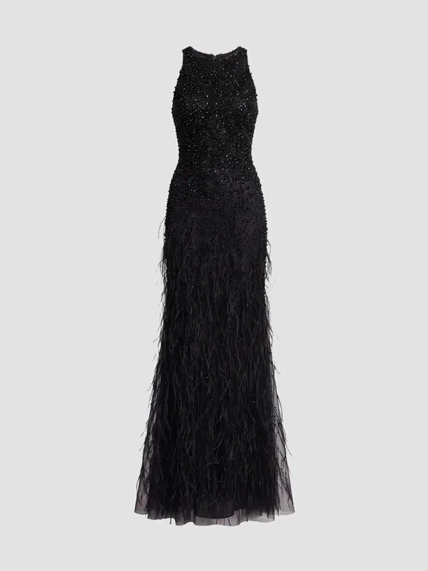 Mac Duggal Beaded Feather-trimmed Gown - Jet Black