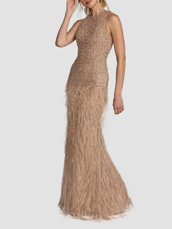 Mac Duggal Beaded Feather-trimmed Gown - Porcelain