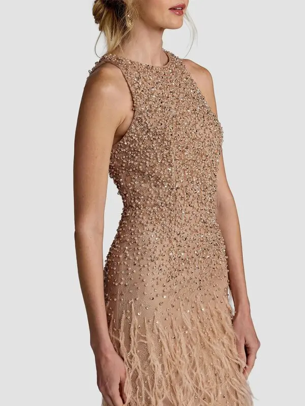 Mac Duggal Beaded Feather-trimmed Gown