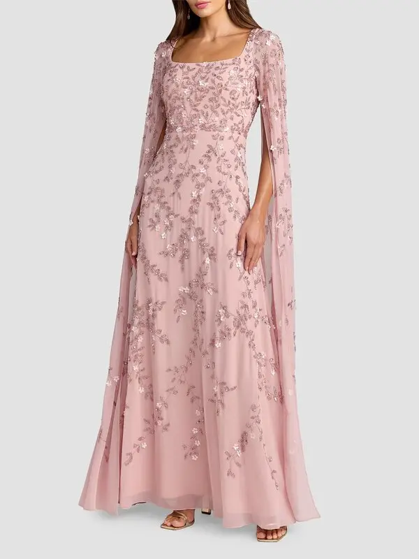 Mac Duggal Petite Beaded Cape-sleeve Gown - Rose