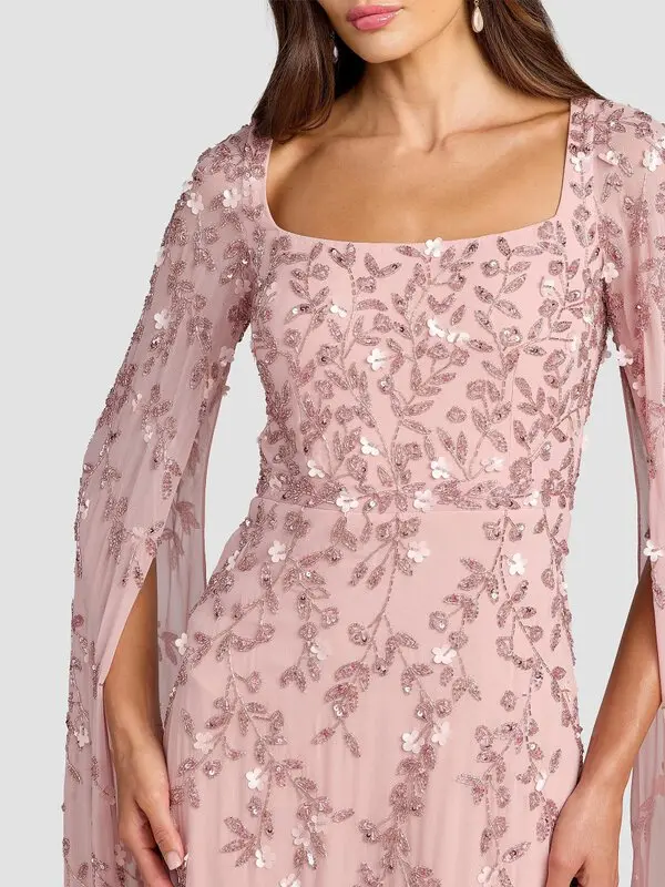 Mac Duggal Petite Beaded Cape-sleeve Gown - Rose