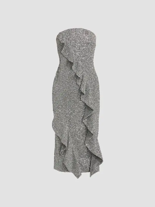 MILLY Katy Sequin Ruffle Strapless Cocktail Dress