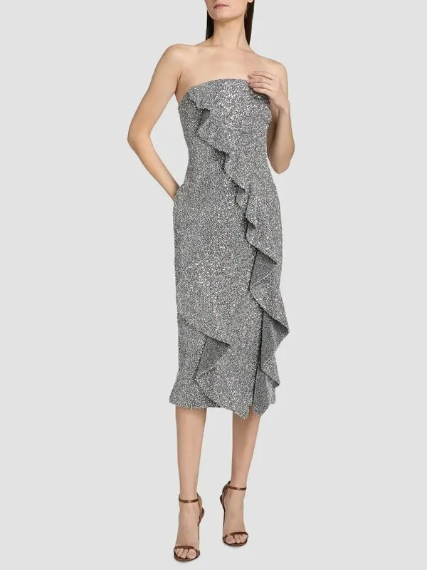 MILLY Katy Sequin Ruffle Strapless Cocktail Dress