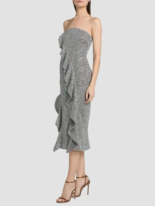 MILLY Katy Sequin Ruffle Strapless Cocktail Dress
