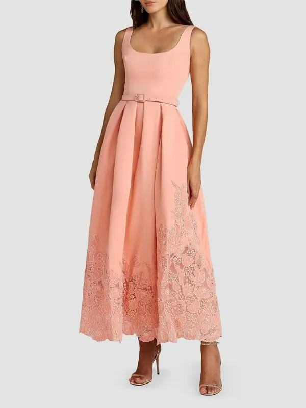 Mac Duggal Floral-lace Crepe Belted Midi-dress