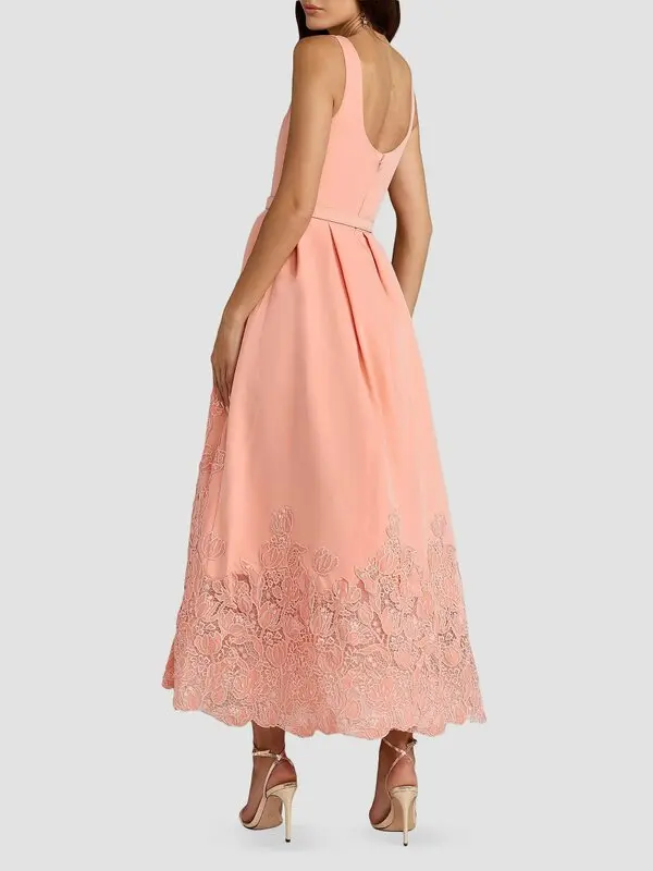 Mac Duggal Floral-lace Crepe Belted Midi-dress