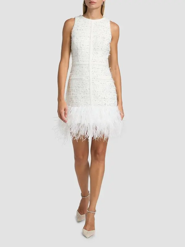 MILLY Raven Feather-trim Metallic Tweed Minidress