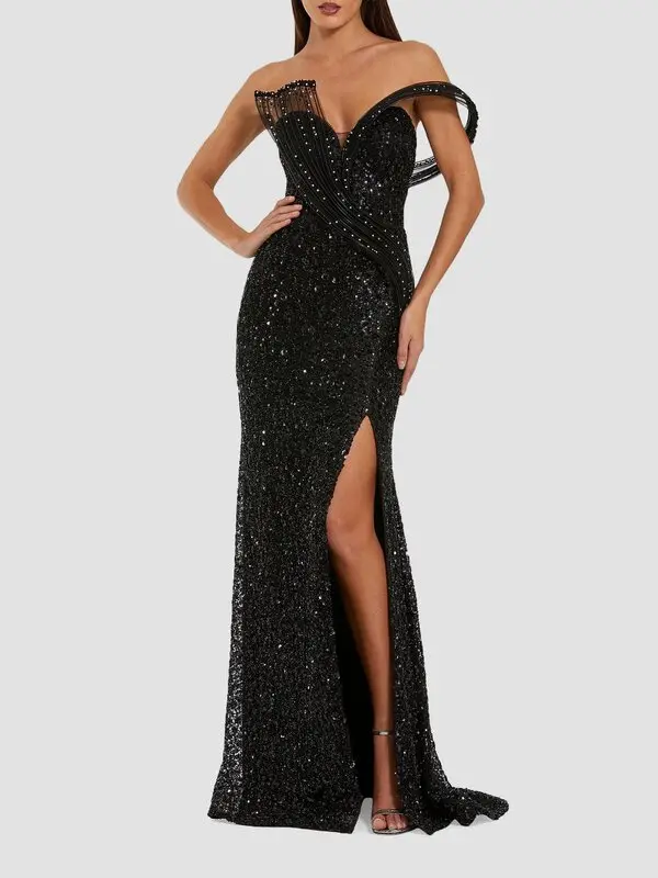 Mac Duggal Crystal-embellished Sequined Asymmetric Gown - Black