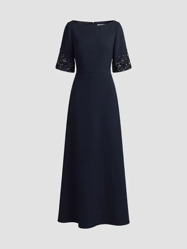 Mac Duggal Crepe Beaded-sleeves A-line Gown - Midnight