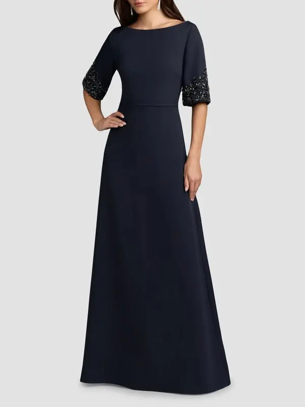 Mac Duggal Crepe Beaded-sleeves A-line Gown