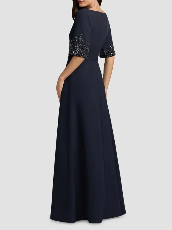 Mac Duggal Crepe Beaded-sleeves A-line Gown