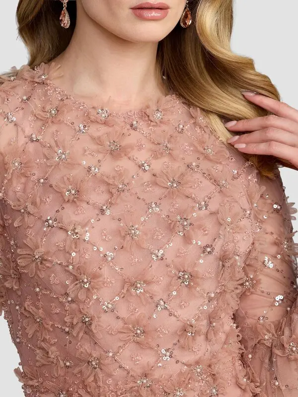 Mac Duggal Beaded Tulle Long-sleeve A-line Gown