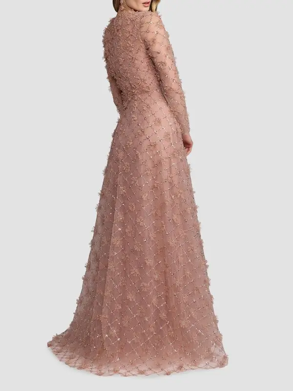 Mac Duggal Beaded Tulle Long-sleeve A-line Gown