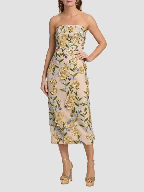 MILLY Kait Embroidered Sequined Strapless Midi-dress
