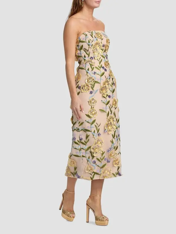 MILLY Kait Embroidered Sequined Strapless Midi-dress
