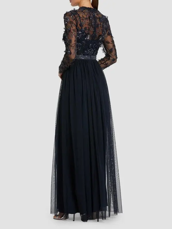 Mac Duggal Peite Embellished Illusiion-neck Long-sleeve Gown