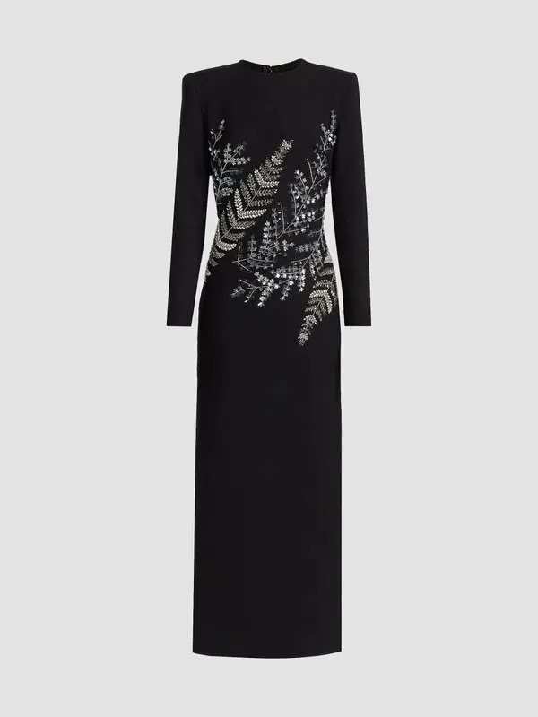 Oscar De La Renta Fern Embroidered Long-sleeve Stretch-wool Gown - Black