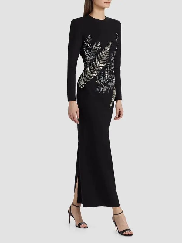 Oscar De La Renta Fern Embroidered Long-sleeve Stretch-wool Gown