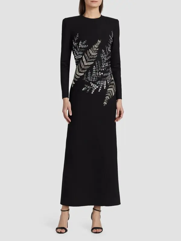Oscar De La Renta Fern Embroidered Long-sleeve Stretch-wool Gown