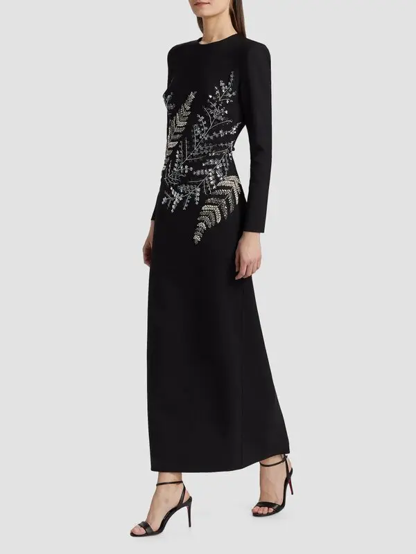 Oscar De La Renta Fern Embroidered Long-sleeve Stretch-wool Gown