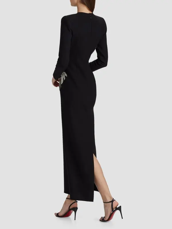 Oscar De La Renta Fern Embroidered Long-sleeve Stretch-wool Gown