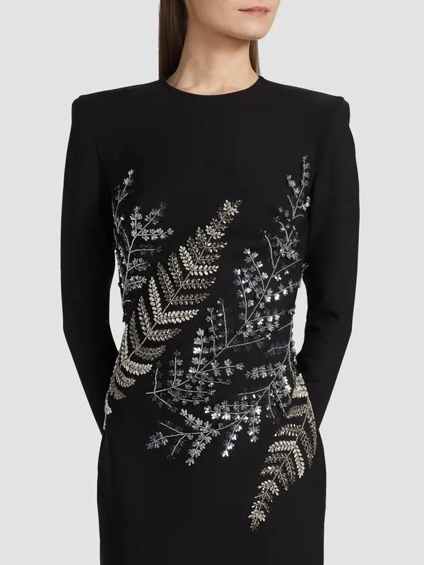 Oscar De La Renta Fern Embroidered Long-sleeve Stretch-wool Gown