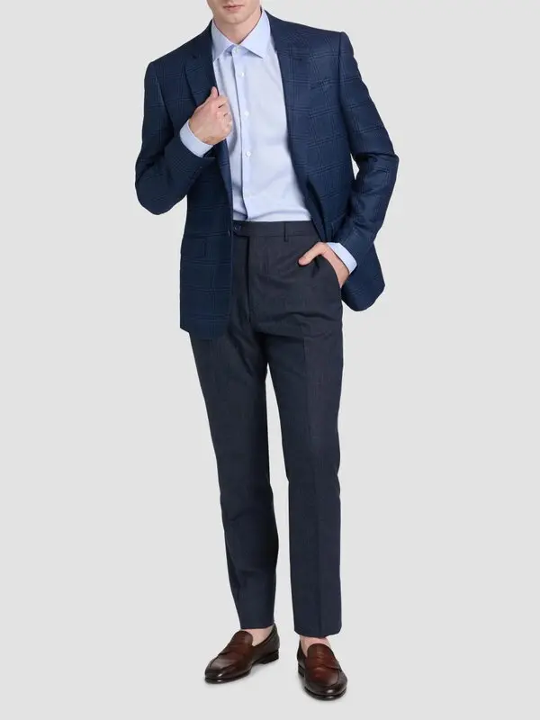Emporio Armani Flat Front Wool-cotton Trousers - Solid Medium Blue