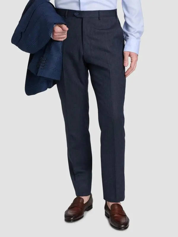Emporio Armani Flat Front Wool-cotton Trousers - Solid Medium Blue