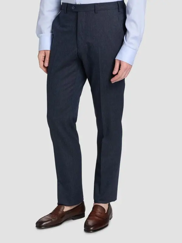 Emporio Armani Flat Front Wool-cotton Trousers - Solid Medium Blue
