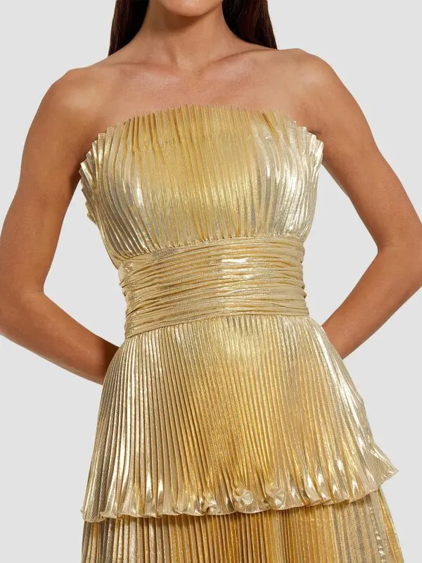 Mac Duggal Metallic Pleated Strapless Tiered Gown - Gold