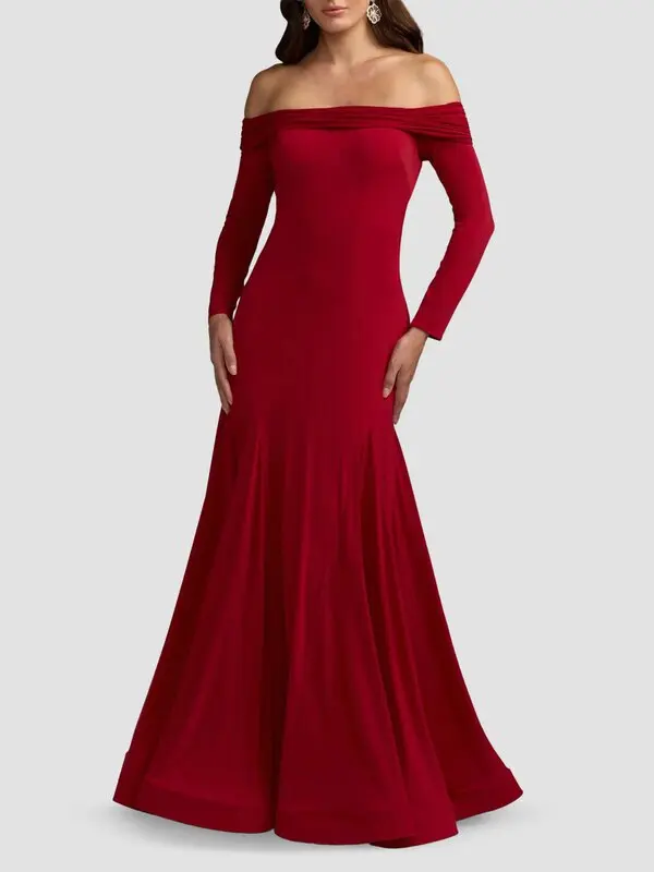 Mac Duggal Jersey Off-the-shoulder Long-sleeve Trumpet Gown