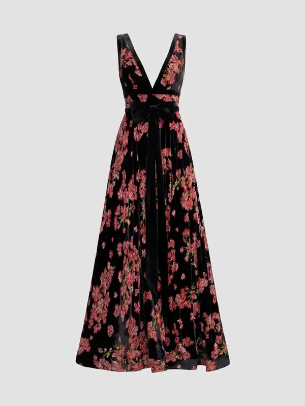 Mac Duggal Floral Velvet Plunging V-neck Ball Gown - Black Multi