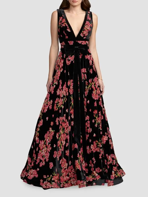 Mac Duggal Floral Velvet Plunging V-neck Ball Gown