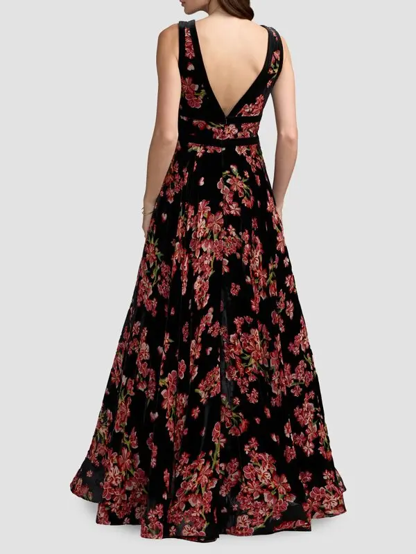Mac Duggal Floral Velvet Plunging V-neck Ball Gown