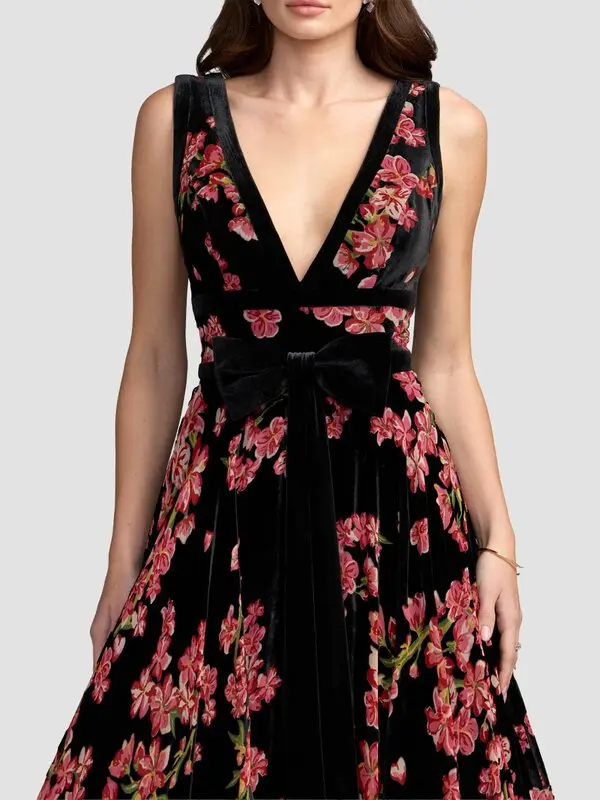 Mac Duggal Floral Velvet Plunging V-neck Ball Gown
