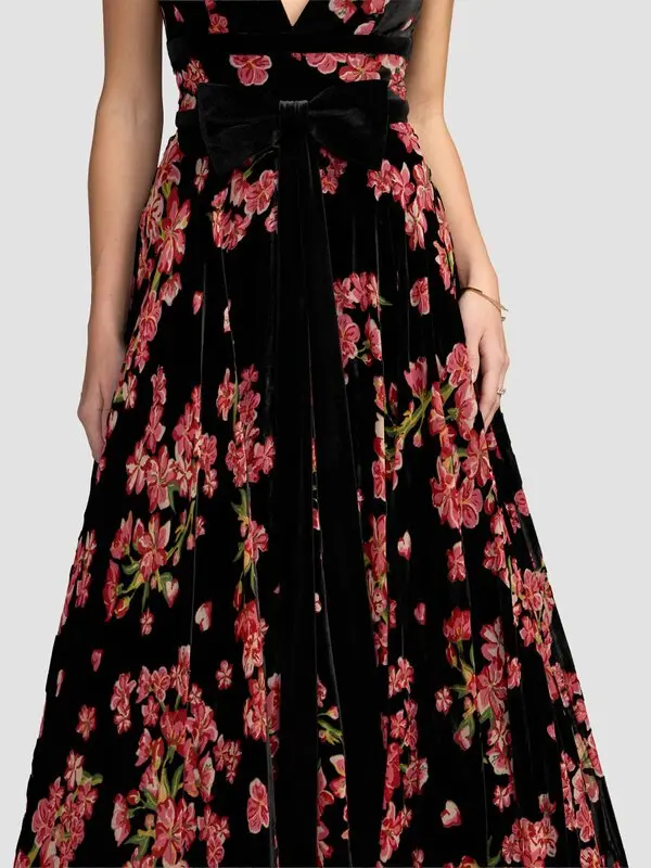 Mac Duggal Floral Velvet Plunging V-neck Ball Gown