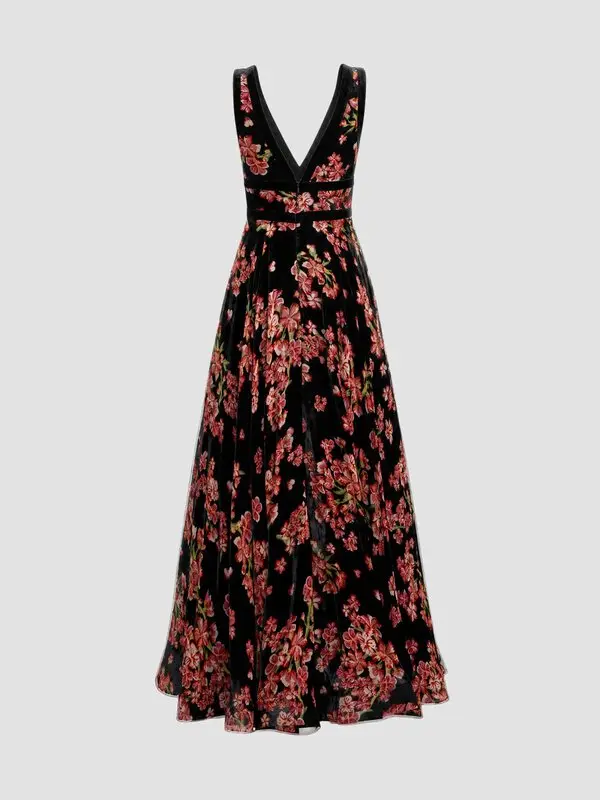 Mac Duggal Floral Velvet Plunging V-neck Ball Gown