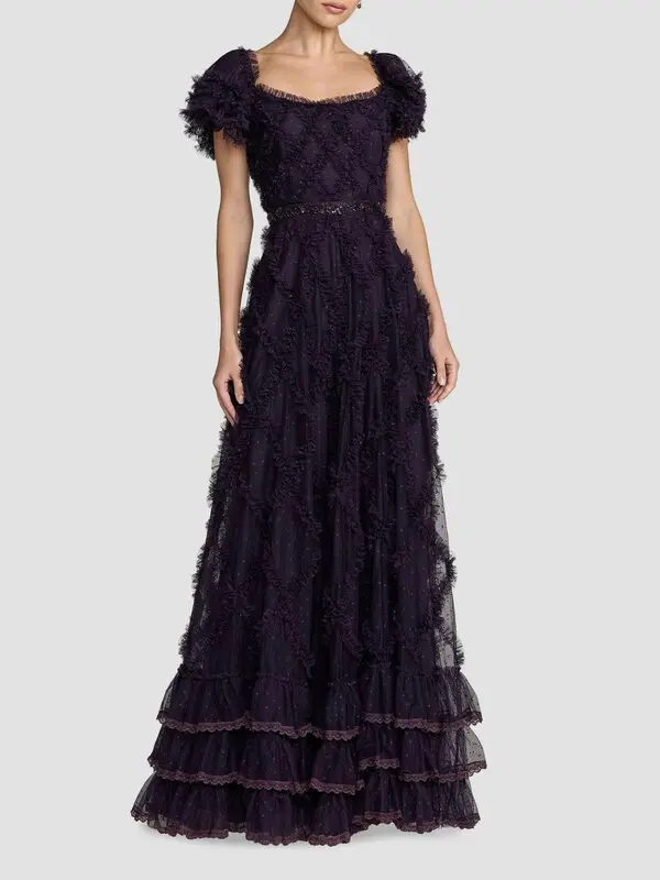 Mac Duggal Ruffled Mesh Short-sleeve Gown