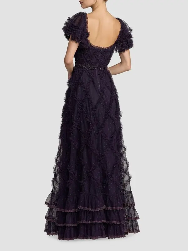 Mac Duggal Ruffled Mesh Short-sleeve Gown