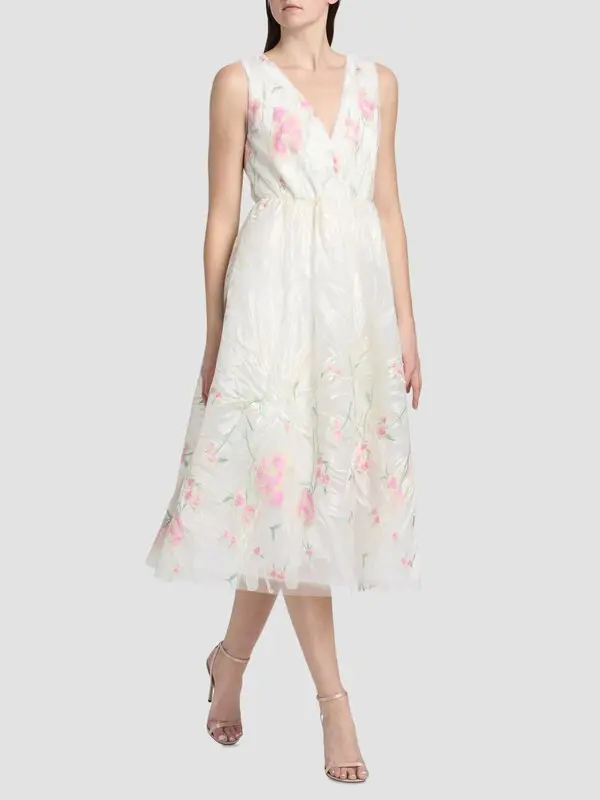 MILLY Tinsley Embroidered V-neck Midi-dress - White Multi