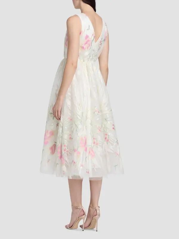MILLY Tinsley Embroidered V-neck Midi-dress - White Multi