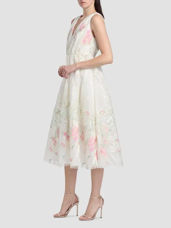 MILLY Tinsley Embroidered V-neck Midi-dress - White Multi