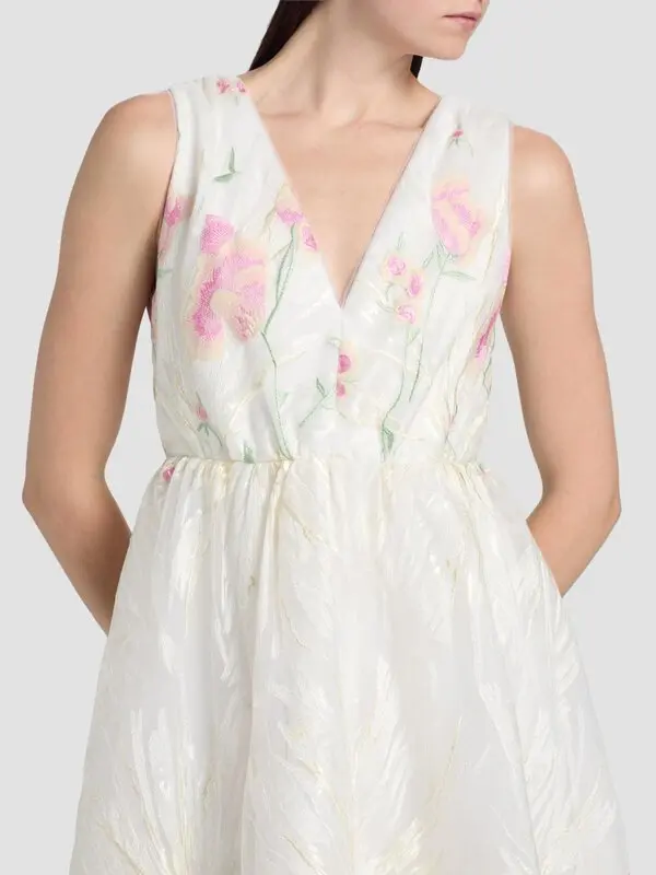 MILLY Tinsley Embroidered V-neck Midi-dress - White Multi