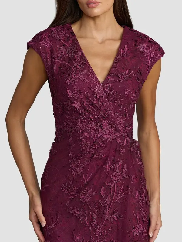 Mac Duggal Floral Appliqué Surplice Neck Gown