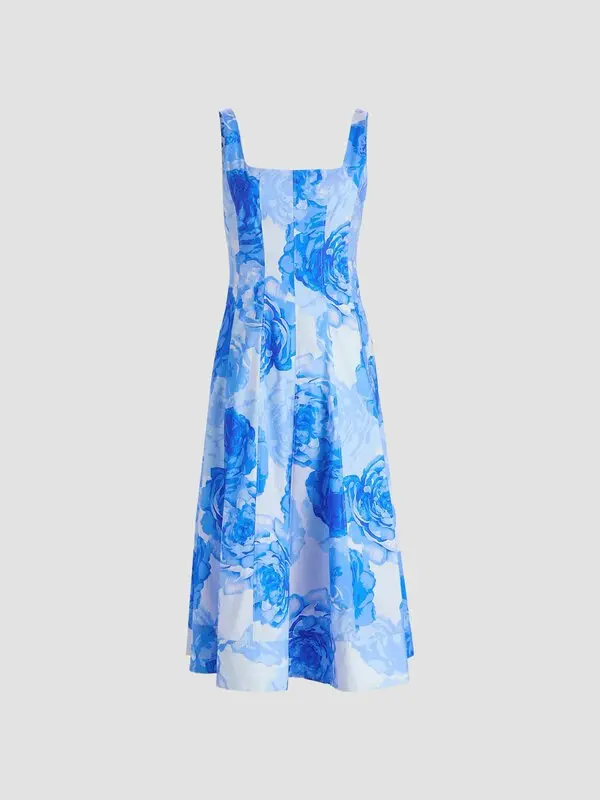 MILLY Nia Printed Stretch Cotton Poplin Midi-dress
