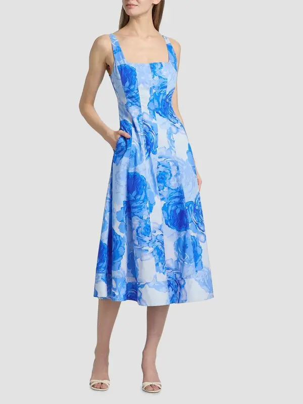 MILLY Nia Printed Stretch Cotton Poplin Midi-dress