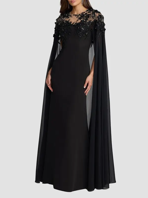 Mac Duggal Chiffon Floral Embellished Cape Gown